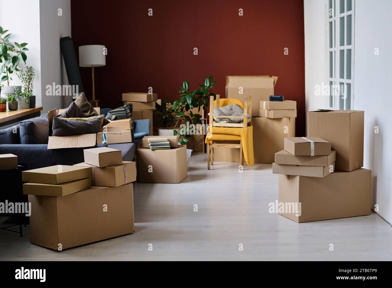 Modern apartment with cardboard boxes and furniture during move Stock ...