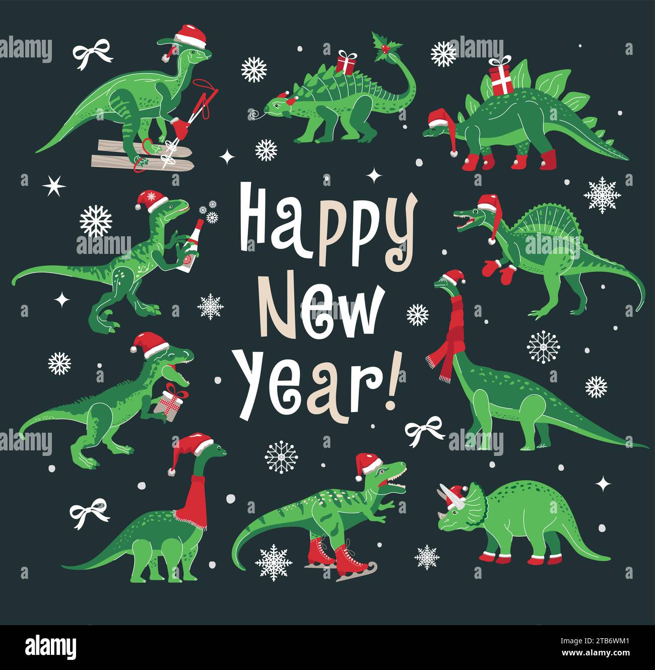 Dino Christmas Party Happy New Year. Dinosaur in Santa hat decorates ...