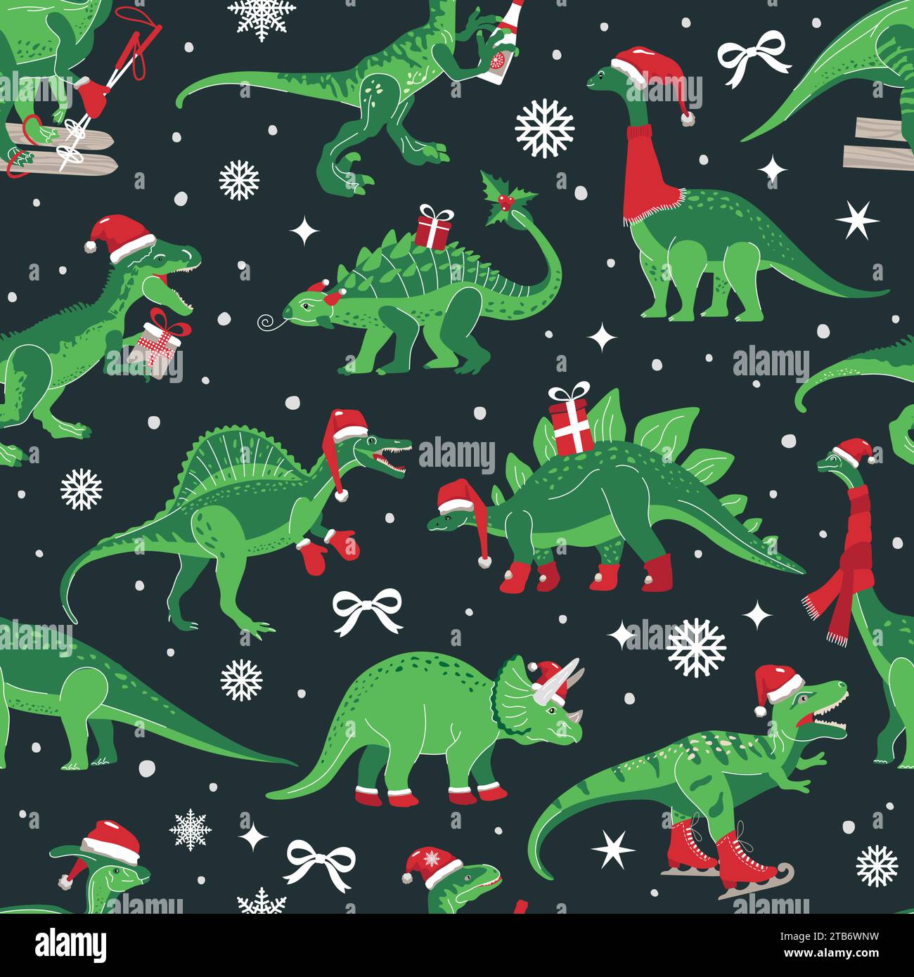 Dino Christmas Party Tree Rex. Dinosaur in Santa hat decorates. Vector ...