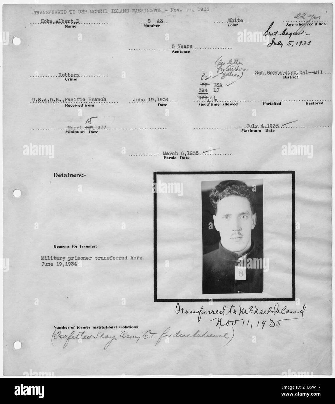 Warden's notebook page, with ''mug shot,'' of Albert D. Hoke, 8-AZ ...