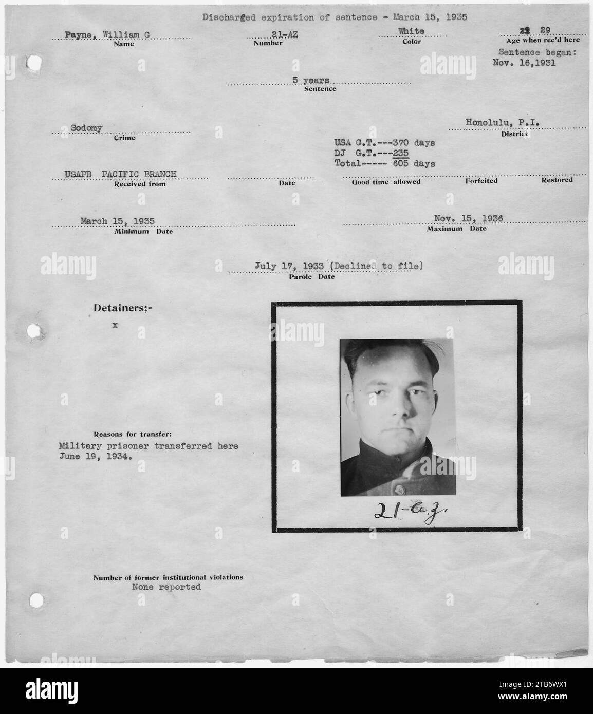 Warden's notebook page, with ''mug shot,'' of William G. Payne, 21-AZ ...