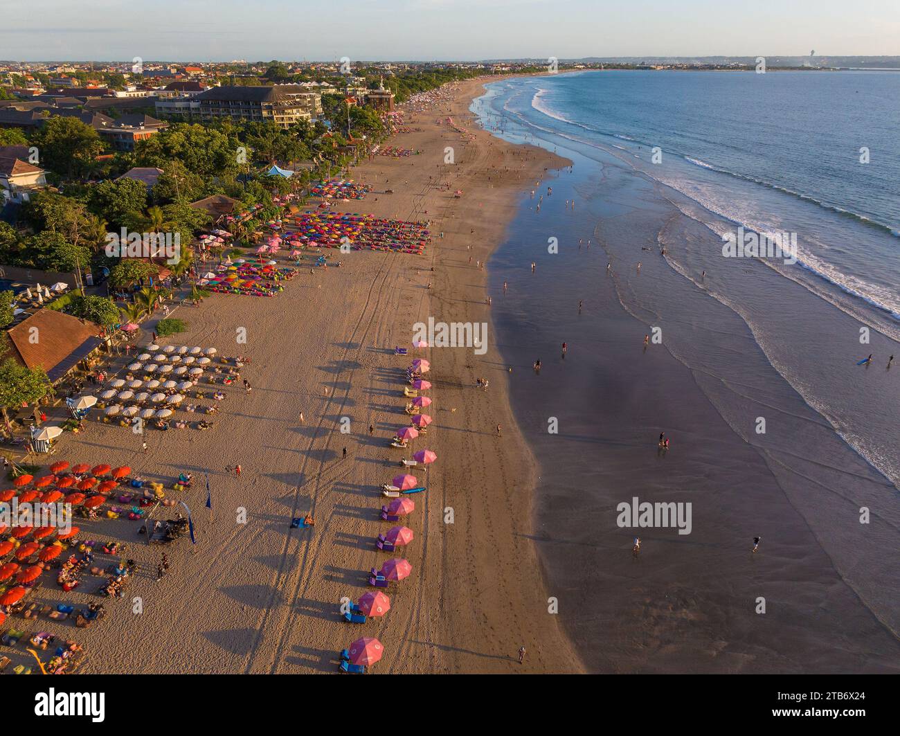 Aerial view of the beach in Seminyak in evening, Bali Island, Indonesia ...