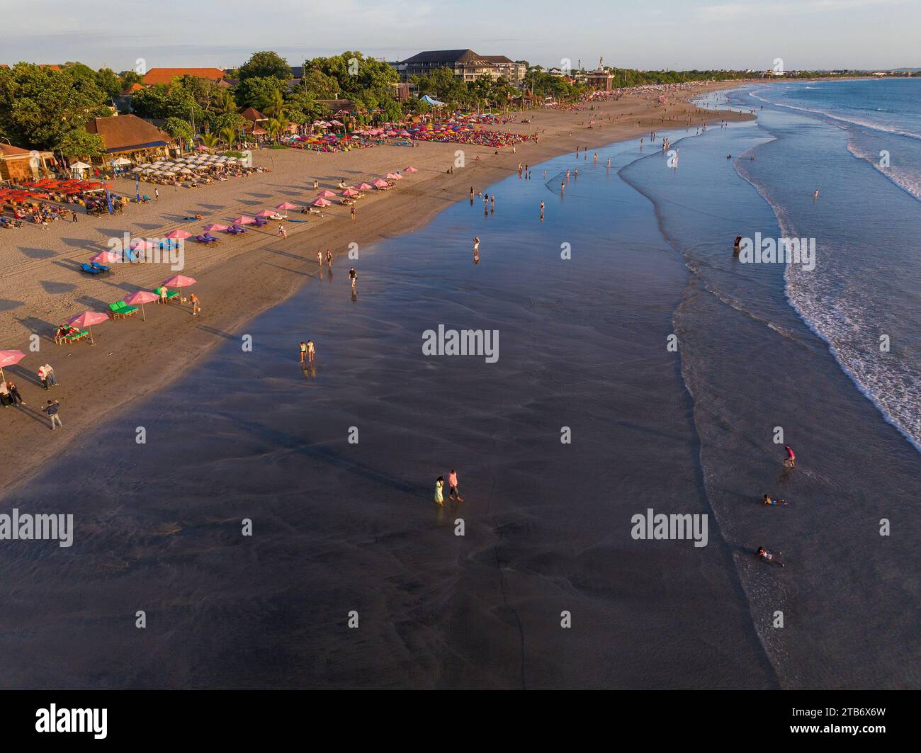Aerial view of the beach in Seminyak in evening, Bali Island, Indonesia ...