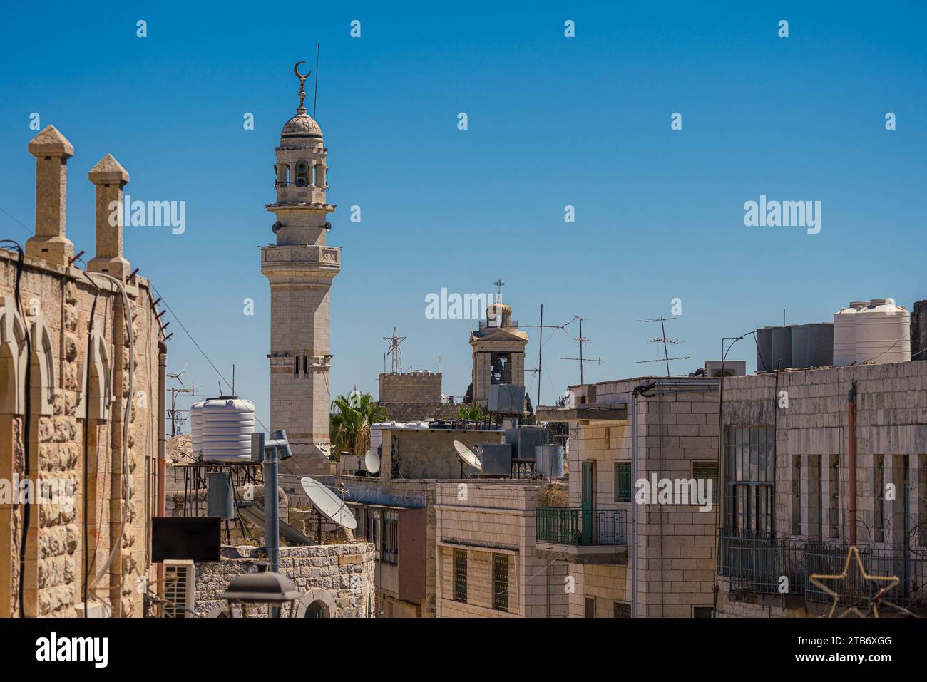 Bethlehem cityscape, West Bank, featuring the Minaret of the Mosque of ...