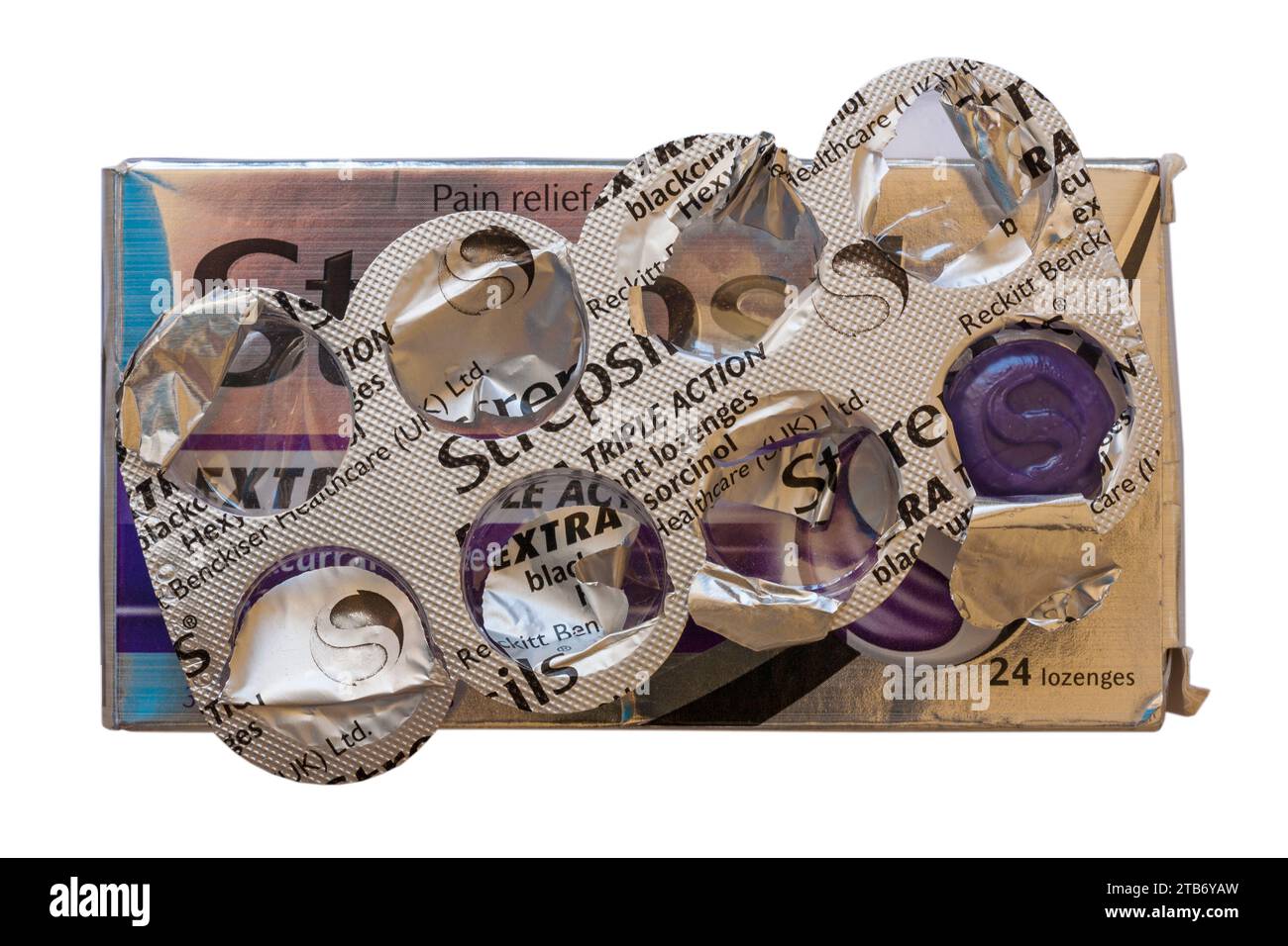 Packet of Strepsils extra triple action blackcurrant lozenges pain ...