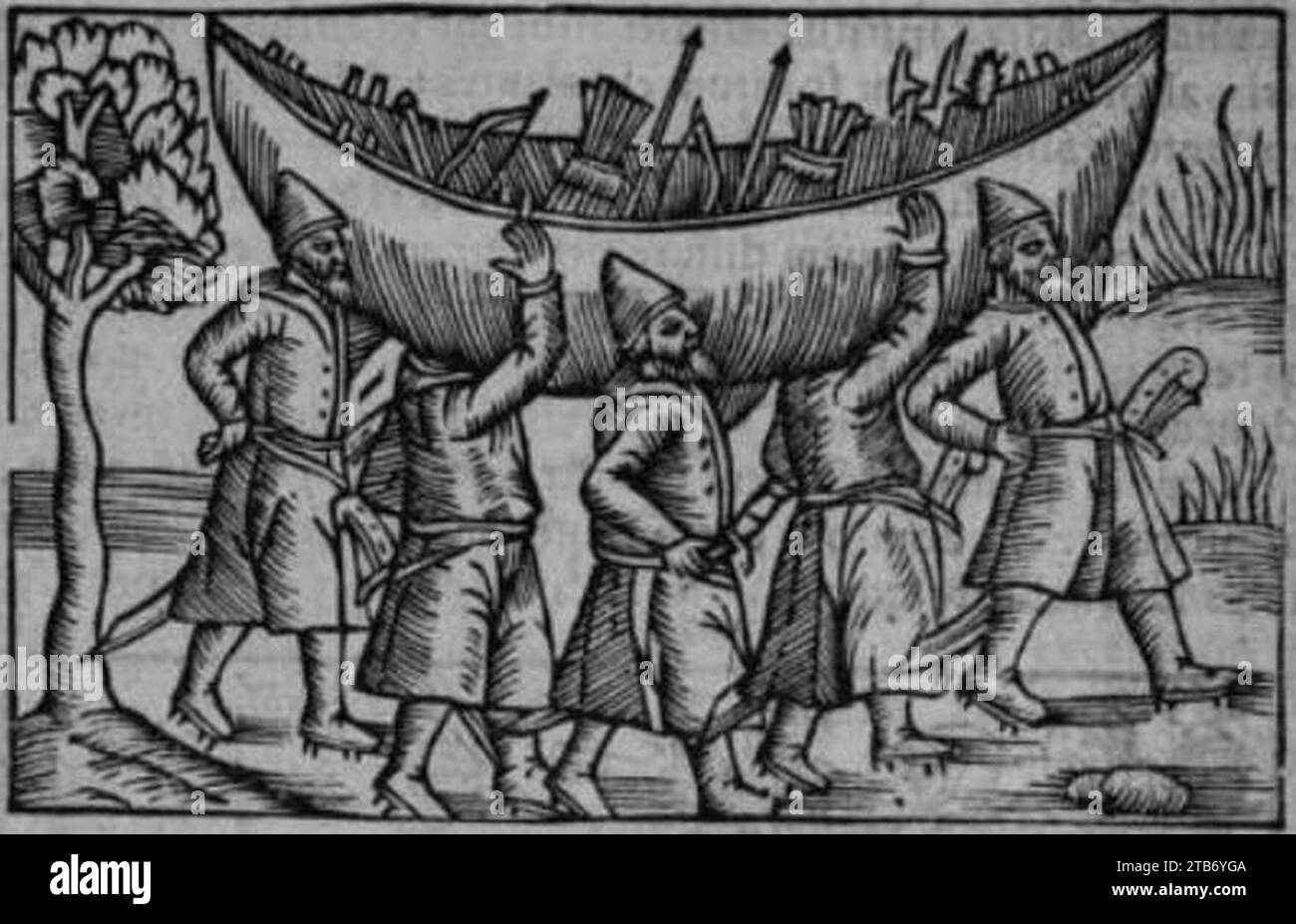 Warriors portage a boat (Olaus Magnus Stock Photo - Alamy