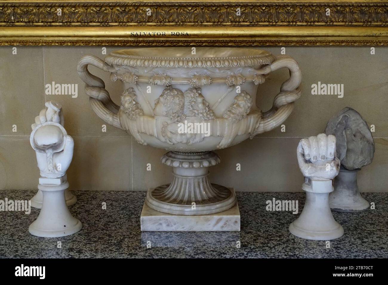 Warwick Vase, reproduction in alabaster, with sculpture fragments Stock ...