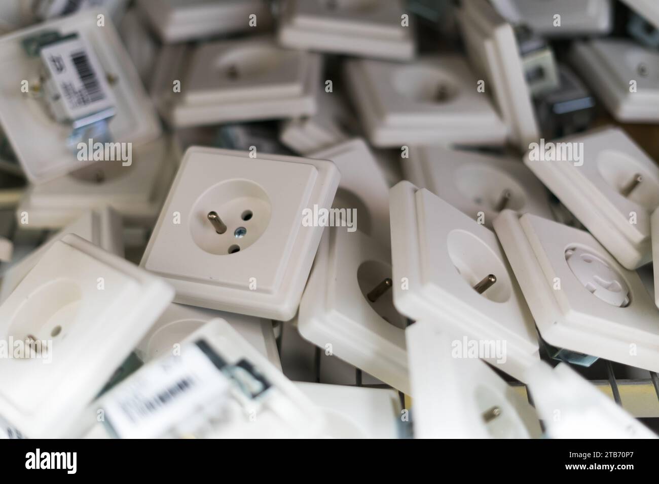 Electric sockets and switches on a show-window of shop. Sales Stock ...