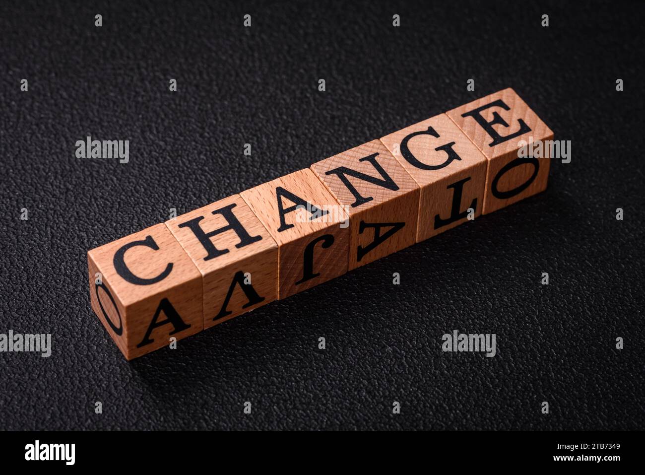 The inscription chance or change with wooden cubes on a dark concrete ...