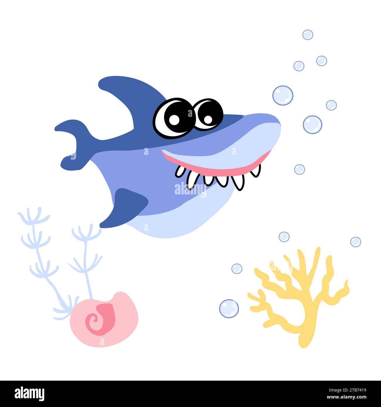 Cute shark with bubbles, shell and seaweed underwater. Vector ...