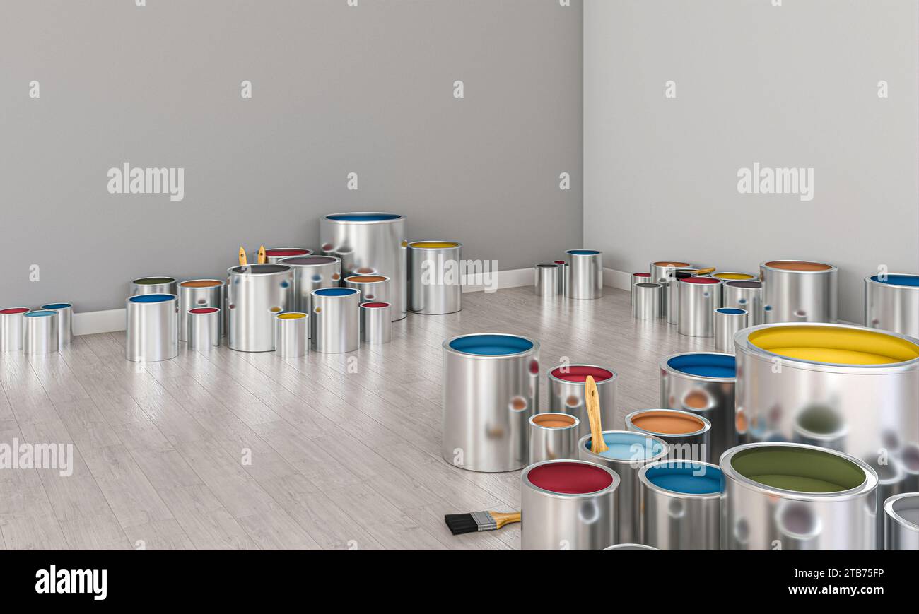 chrome paint cans inside an empty room. 3d render Stock Photo - Alamy