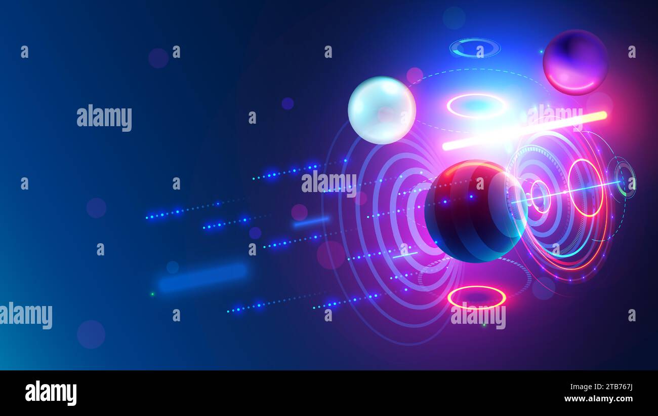 Abstract futuristic technological background with 3d objects in space on a dark blue background ...