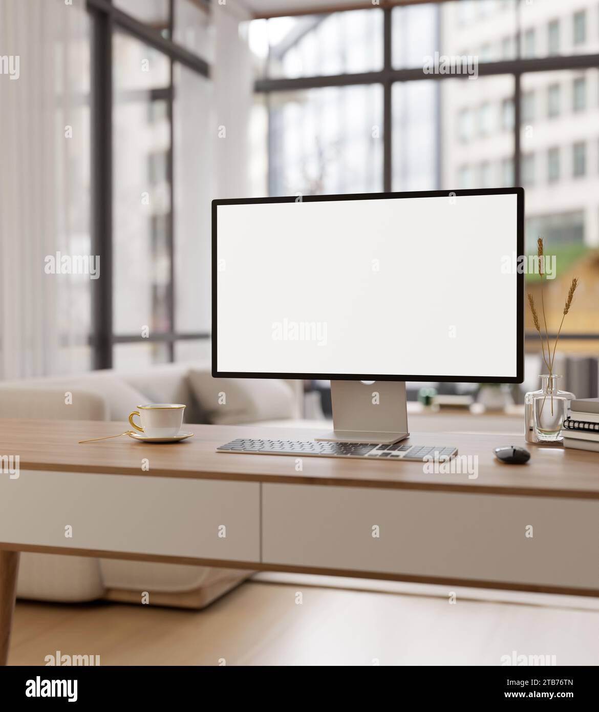 An empty PC computer desktop screen mockup on a minimal wooden desk in ...