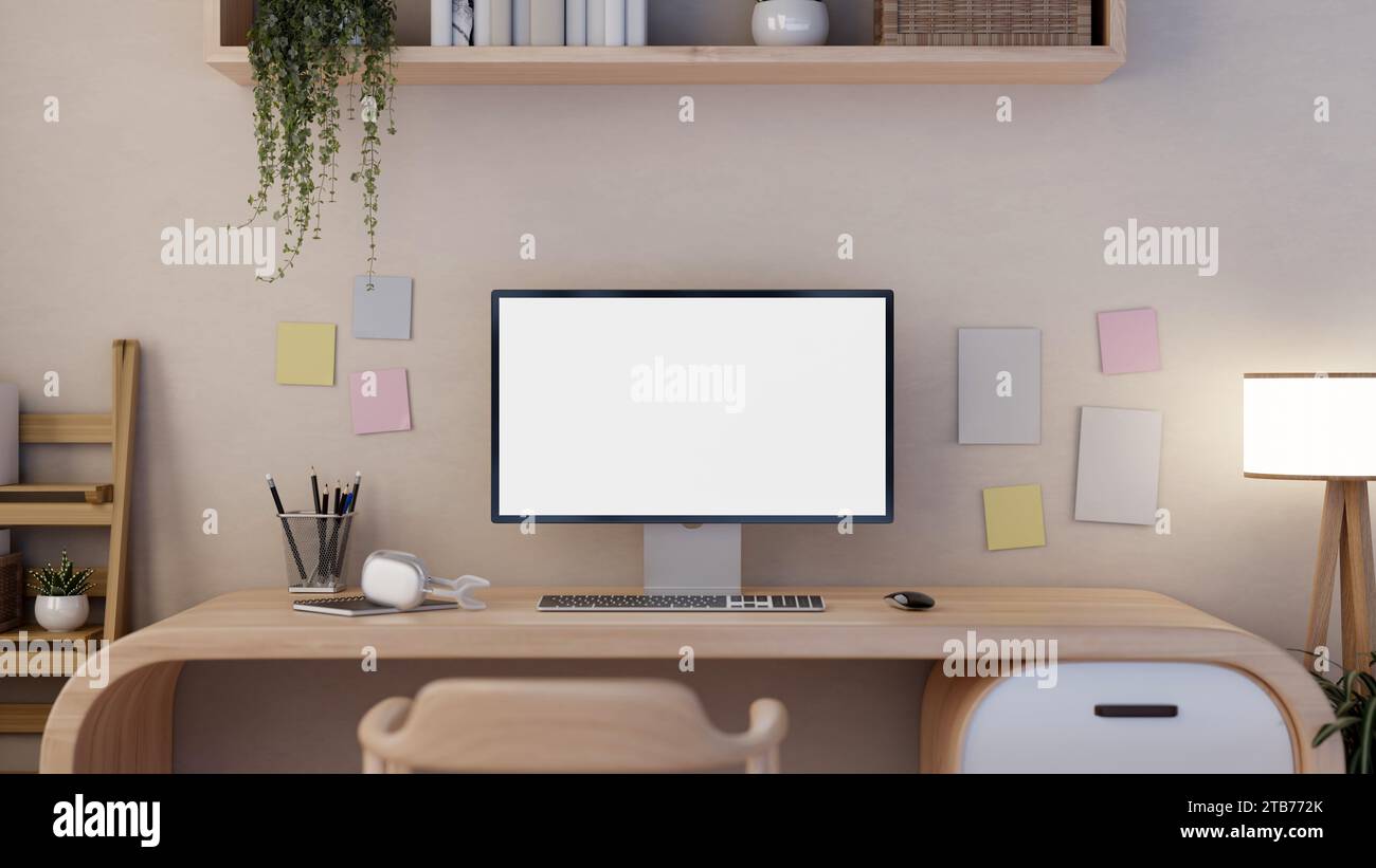Front view of a white-screen desktop PC computer mockup on a modern ...