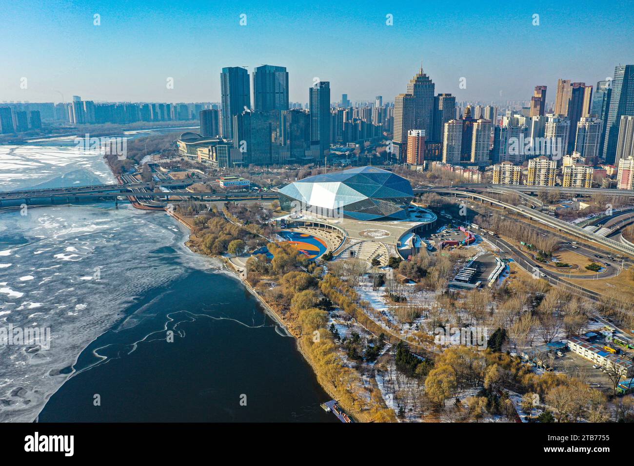 Aerial photo shows the frozen Hun River in Shenyang City, northeast ...