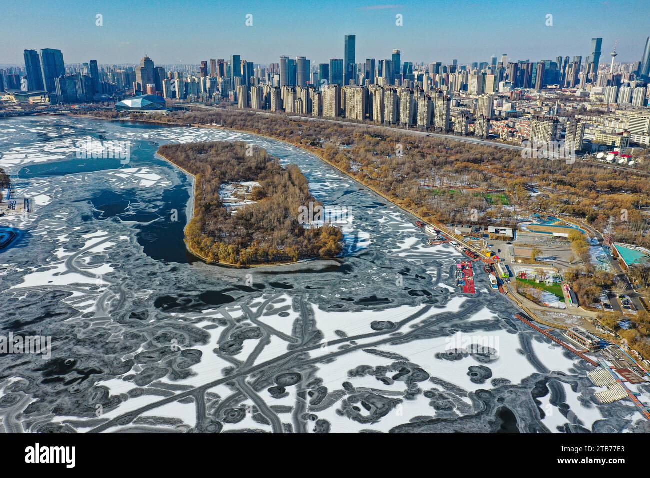 Aerial photo shows the frozen Hun River in Shenyang City, northeast ...