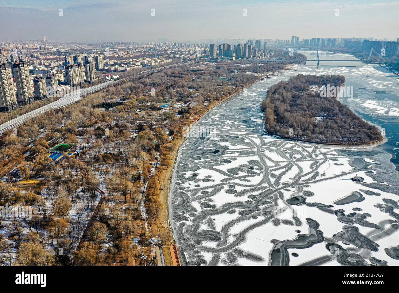 Aerial photo shows the frozen Hun River in Shenyang City, northeast ...