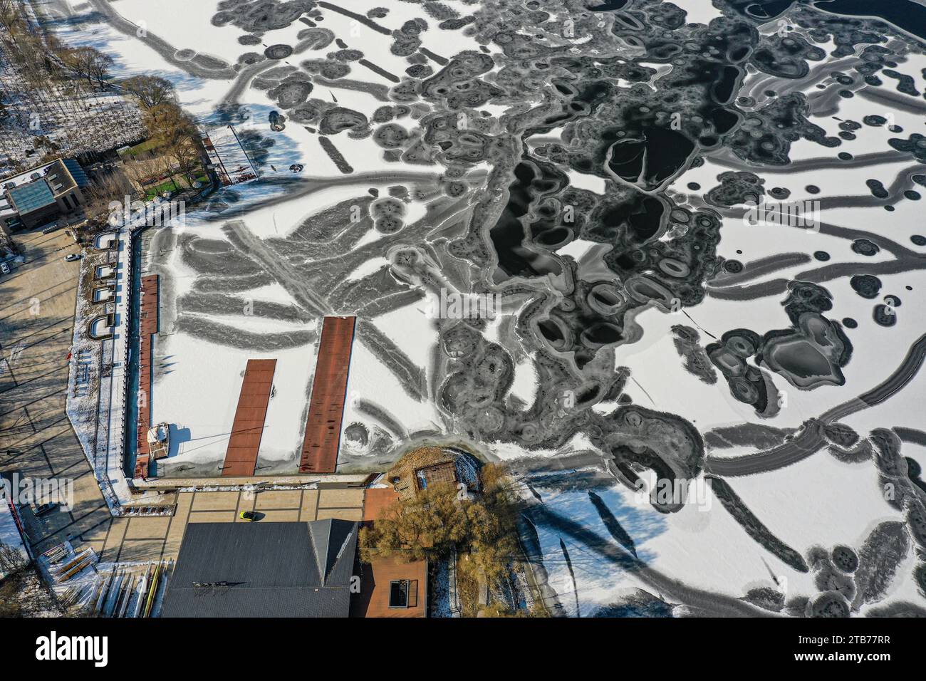 Aerial photo shows the frozen Hun River in Shenyang City, northeast ...