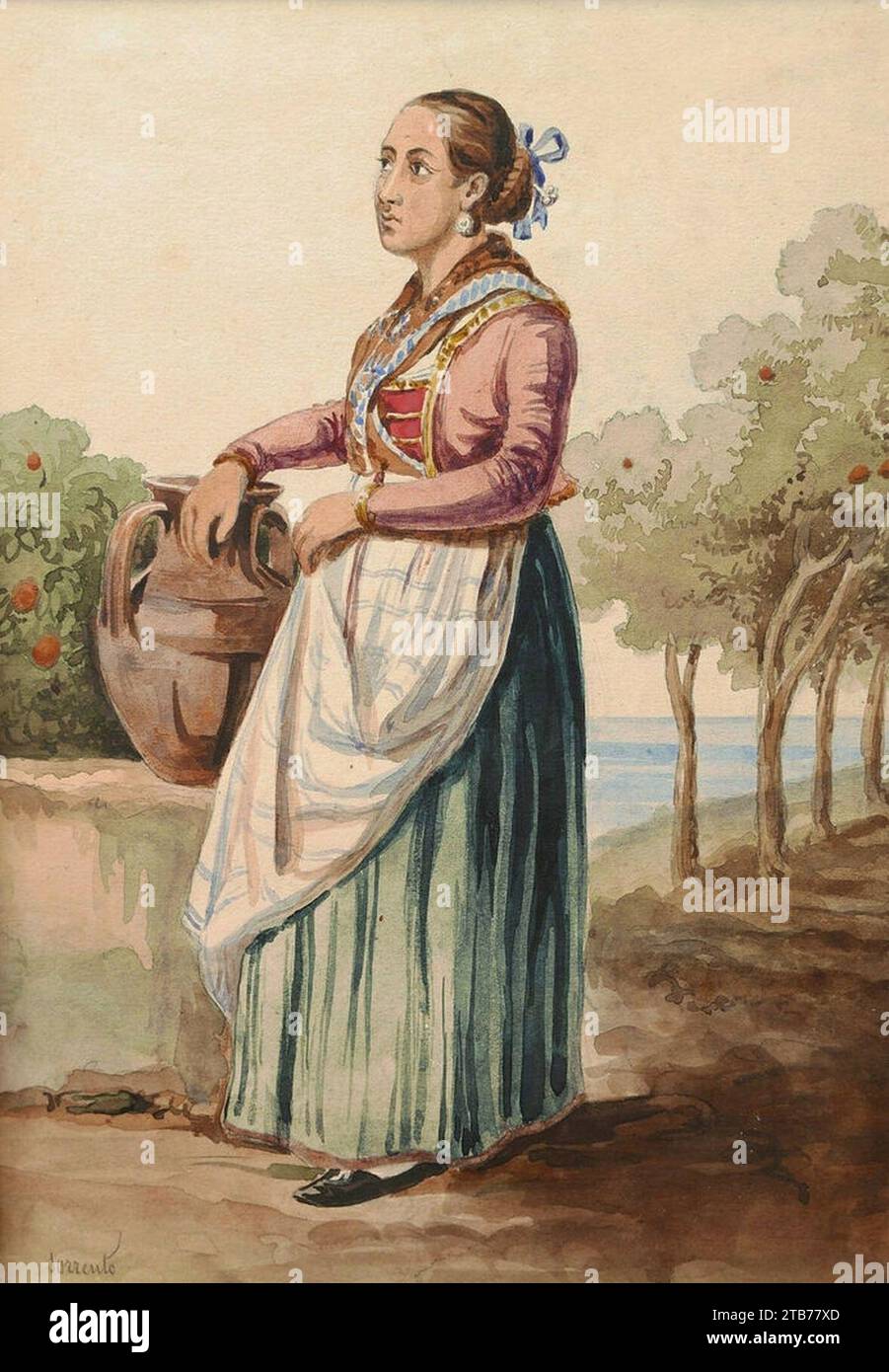 Watercolour italian drawing gouache neapolitan woman Sorrento costume ...