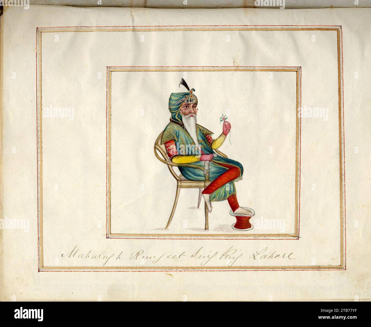 Watercolour painting with a pen and ink border of Maharaja Ranjit Singh ...