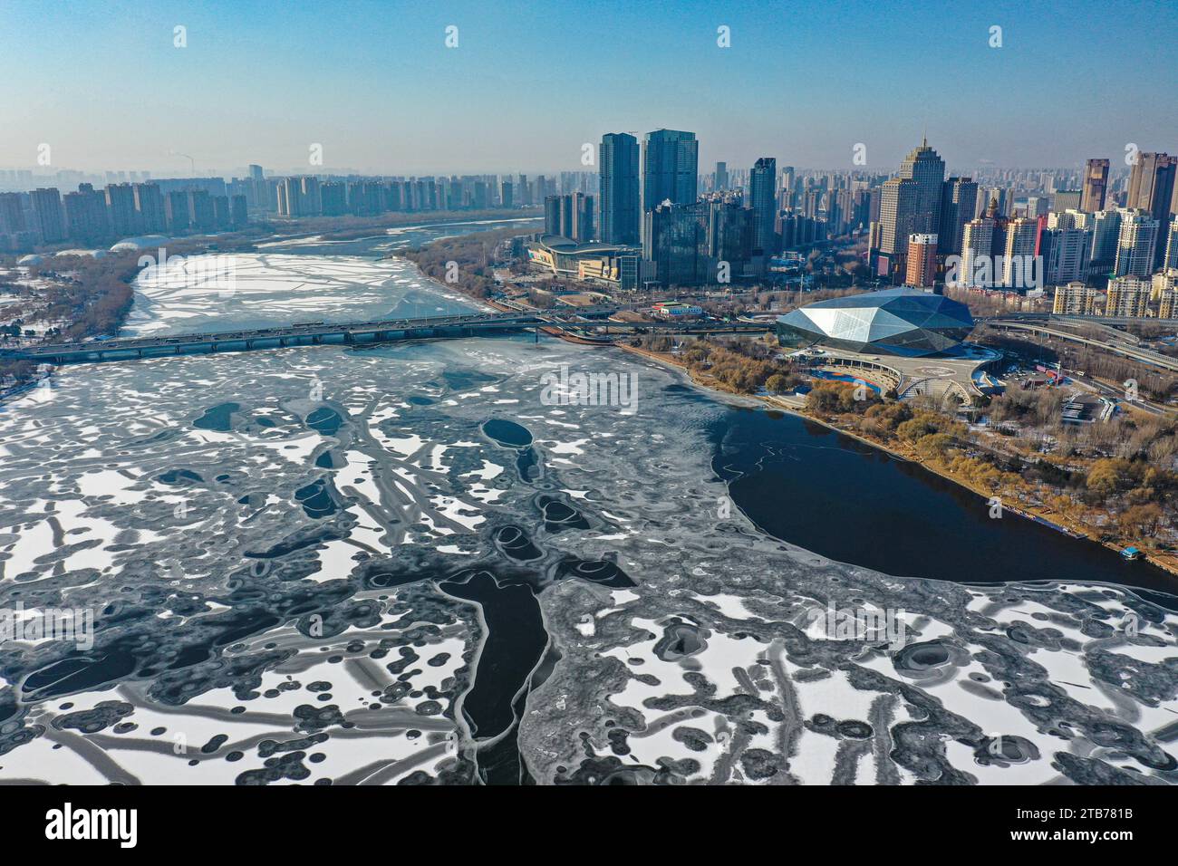 Aerial photo shows the frozen Hun River in Shenyang City, northeast ...