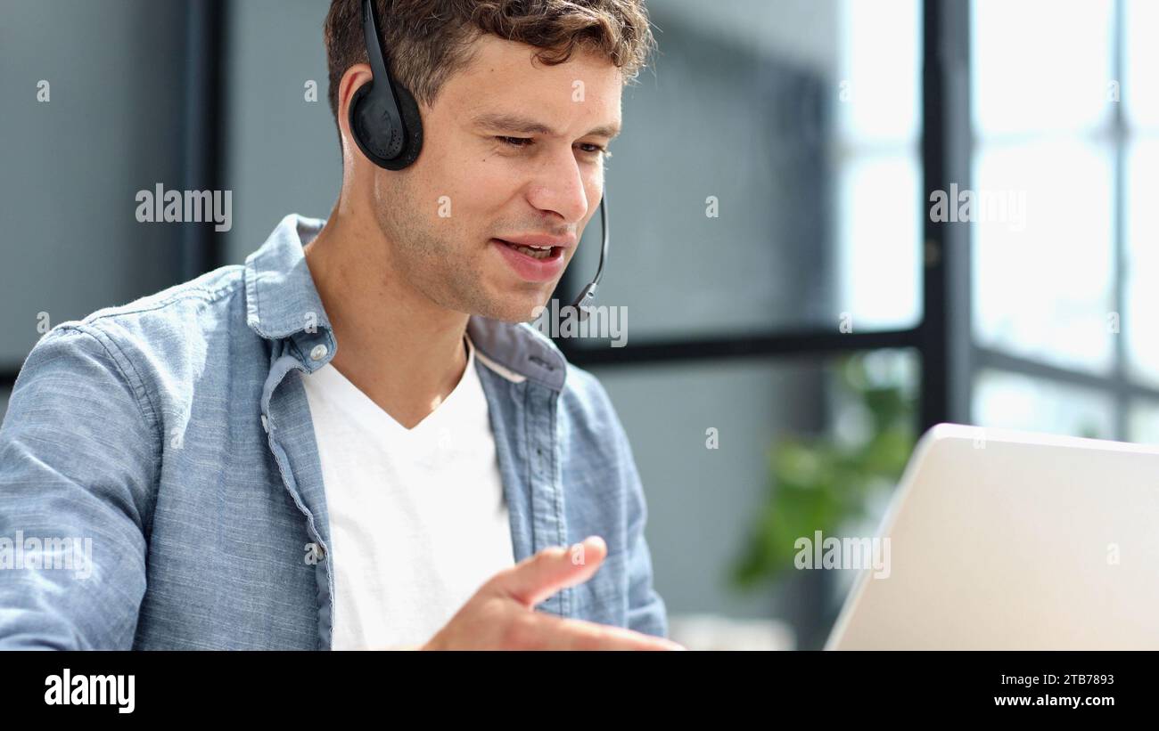Business man, call center and web support communication at a computer ...