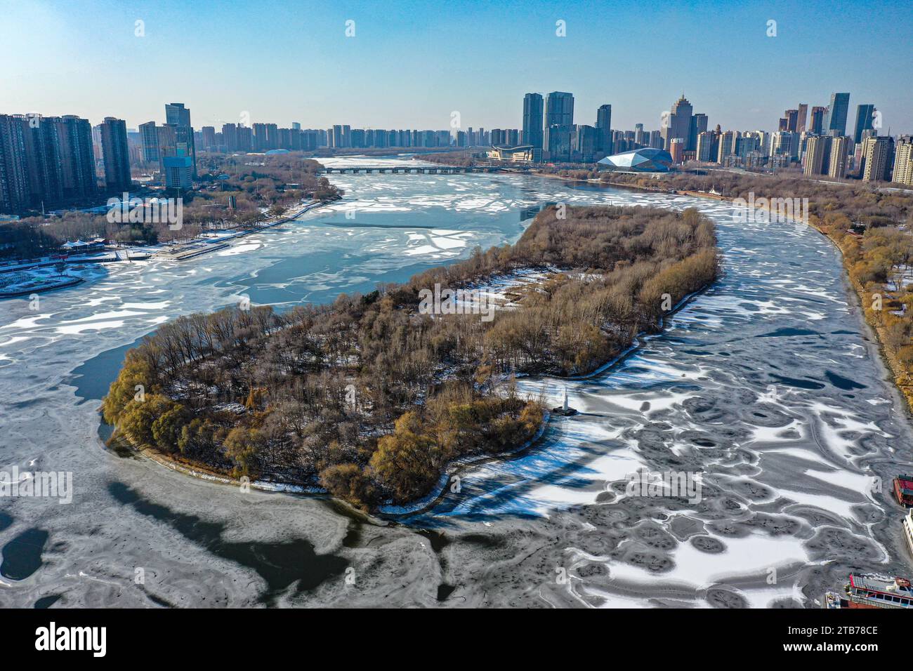 Aerial photo shows the frozen Hun River in Shenyang City, northeast ...