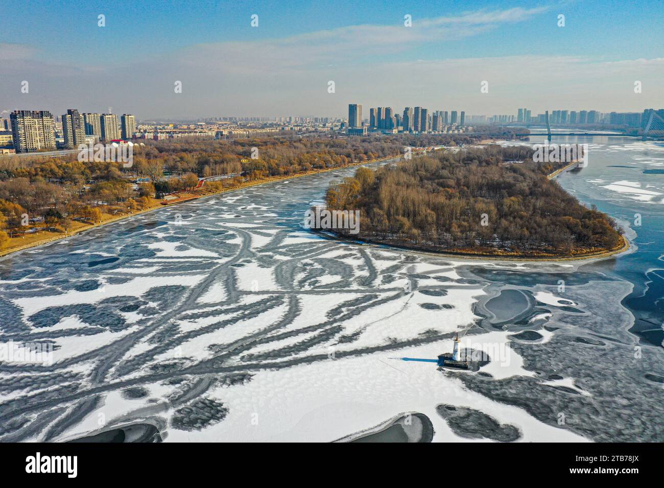 Aerial photo shows the frozen Hun River in Shenyang City, northeast ...
