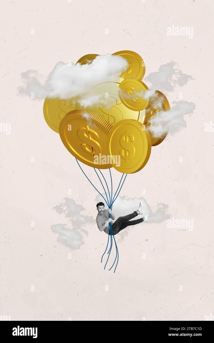 Photo collage artwork minimal picture of funky guy flying dollars coins ...