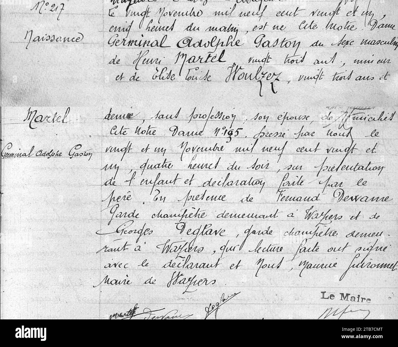 Waziers - Acte de naissance de Germinal Adolphe Gaston Martel, daté du ...