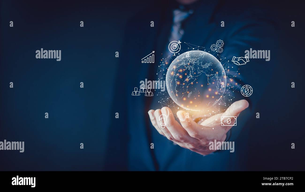 businessman holds network connection Global big data analysis and ...