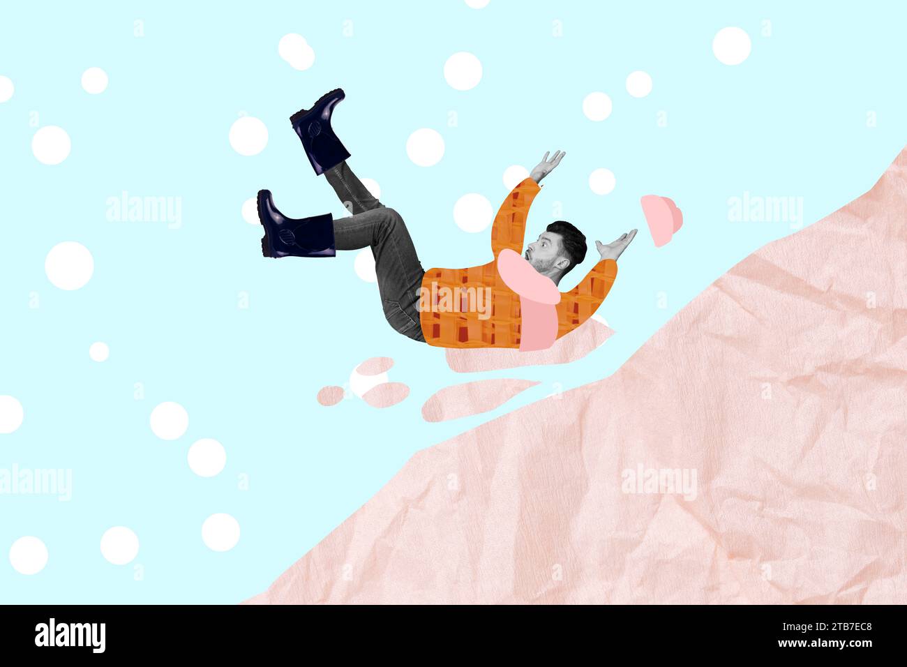 Collage picture of impressed black white colors guy slide fall down ...