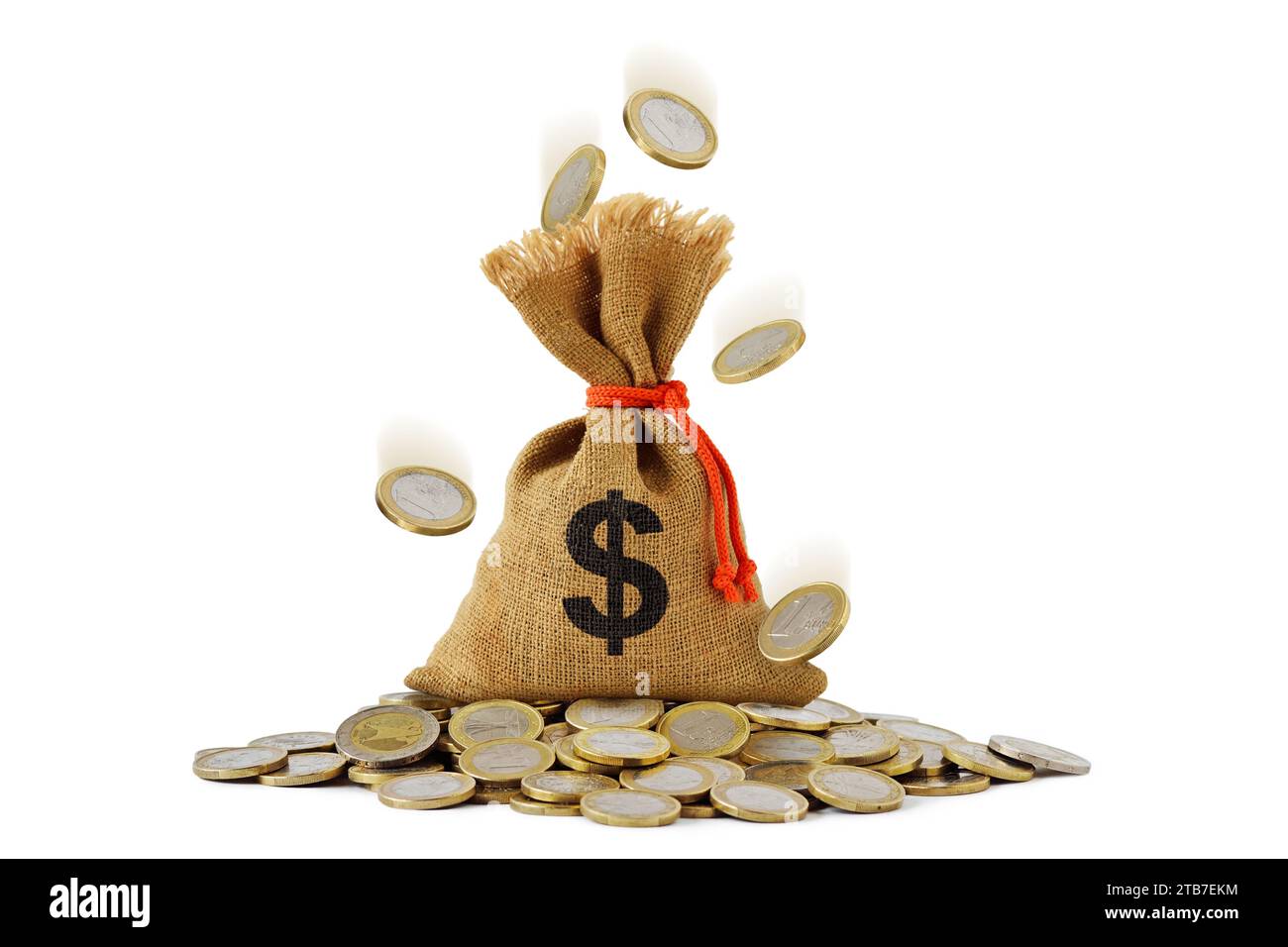 Money bag and falling coins on pile of coins - Concept of finance and ...