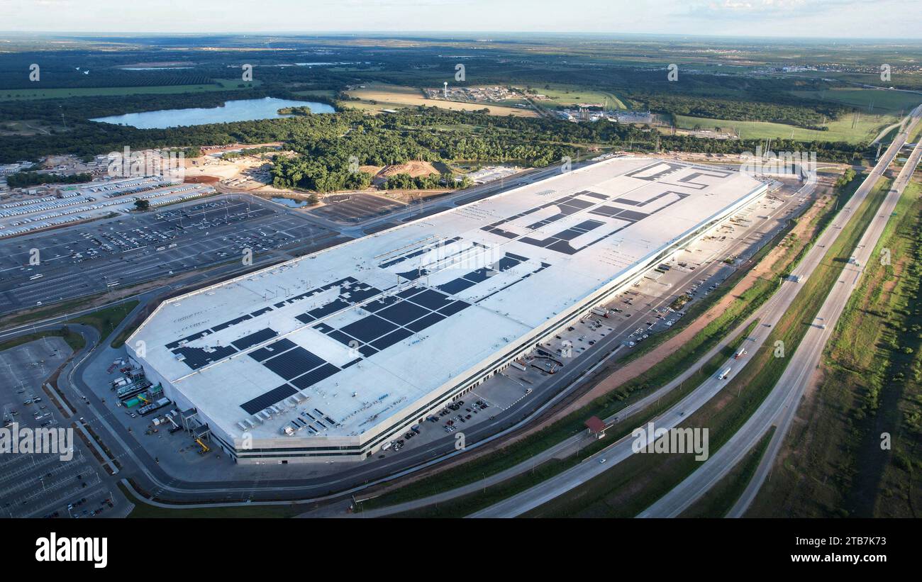 United States, Texas, Austin: aerial view of the Gigafactory Texas ...