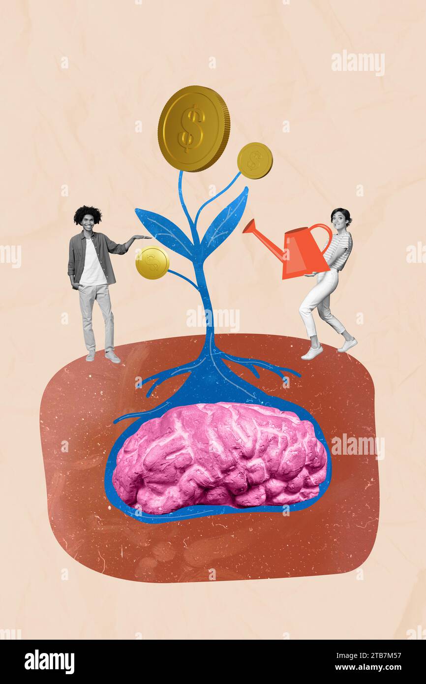 Vertical photo drawing collage of two youngsters watering brain money ...