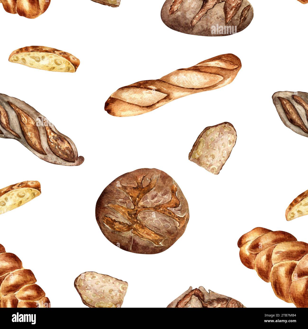 Different type of baguette and rye bread watercolor seamless pattern ...