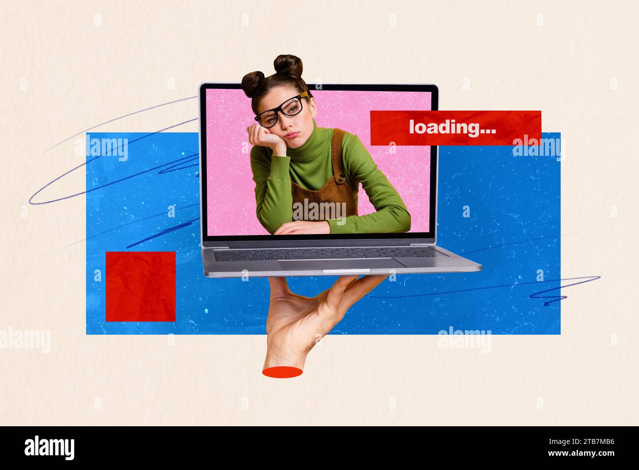 Horizontal surreal photo collage of hand hold computer laptop with ...