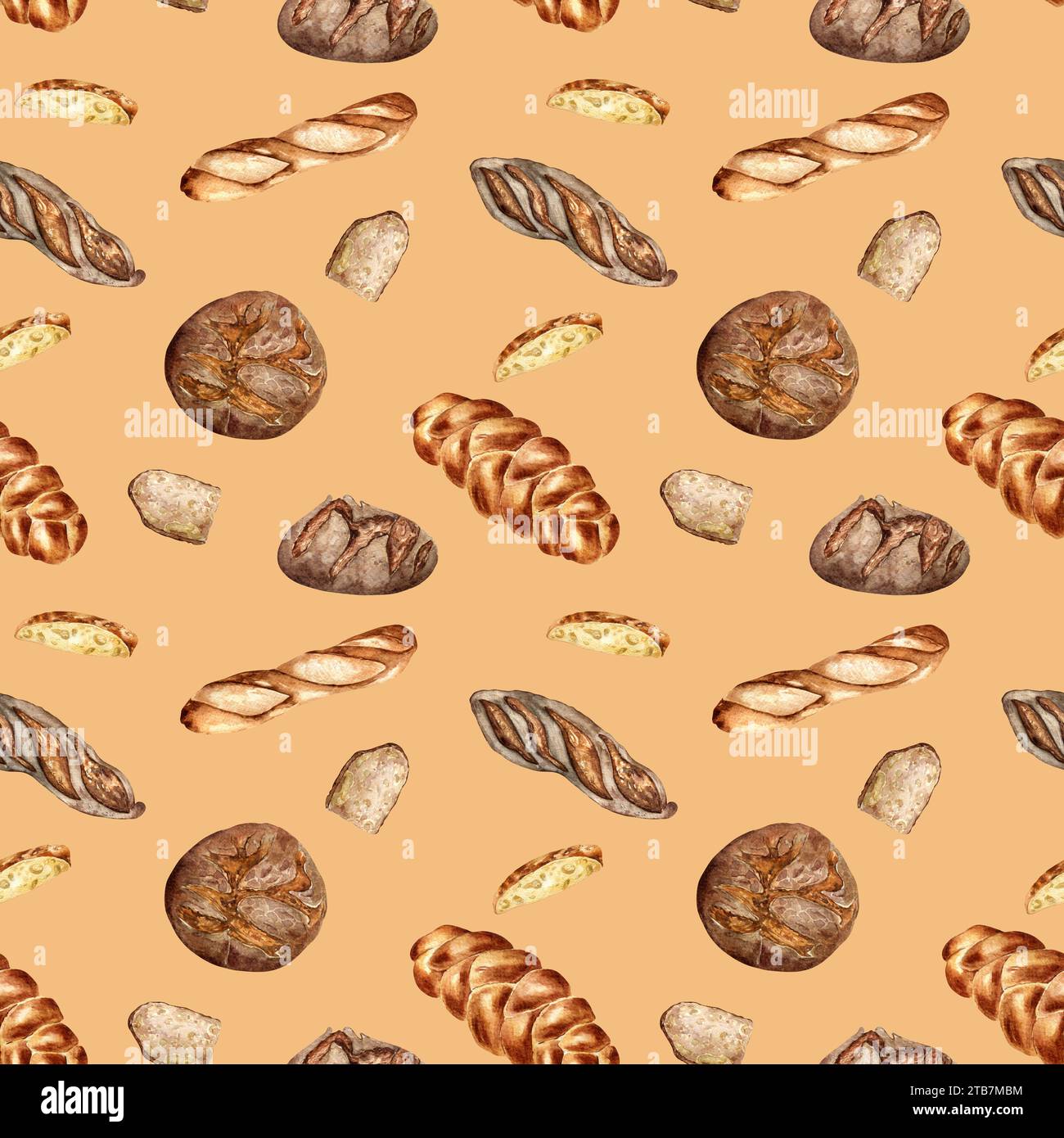 Different type of baguette and rye bread watercolor seamless pattern ...