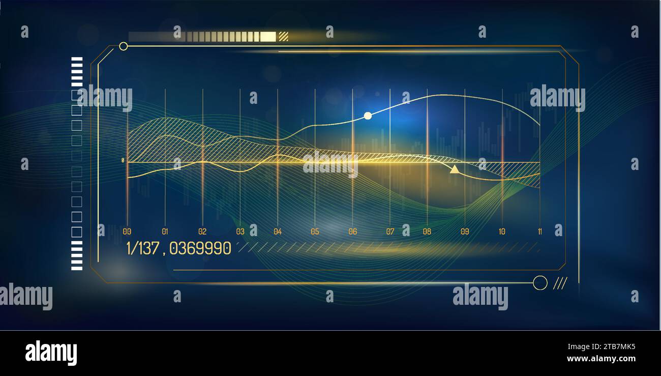Holographic golden digital wave graph with a blue background and gold ...