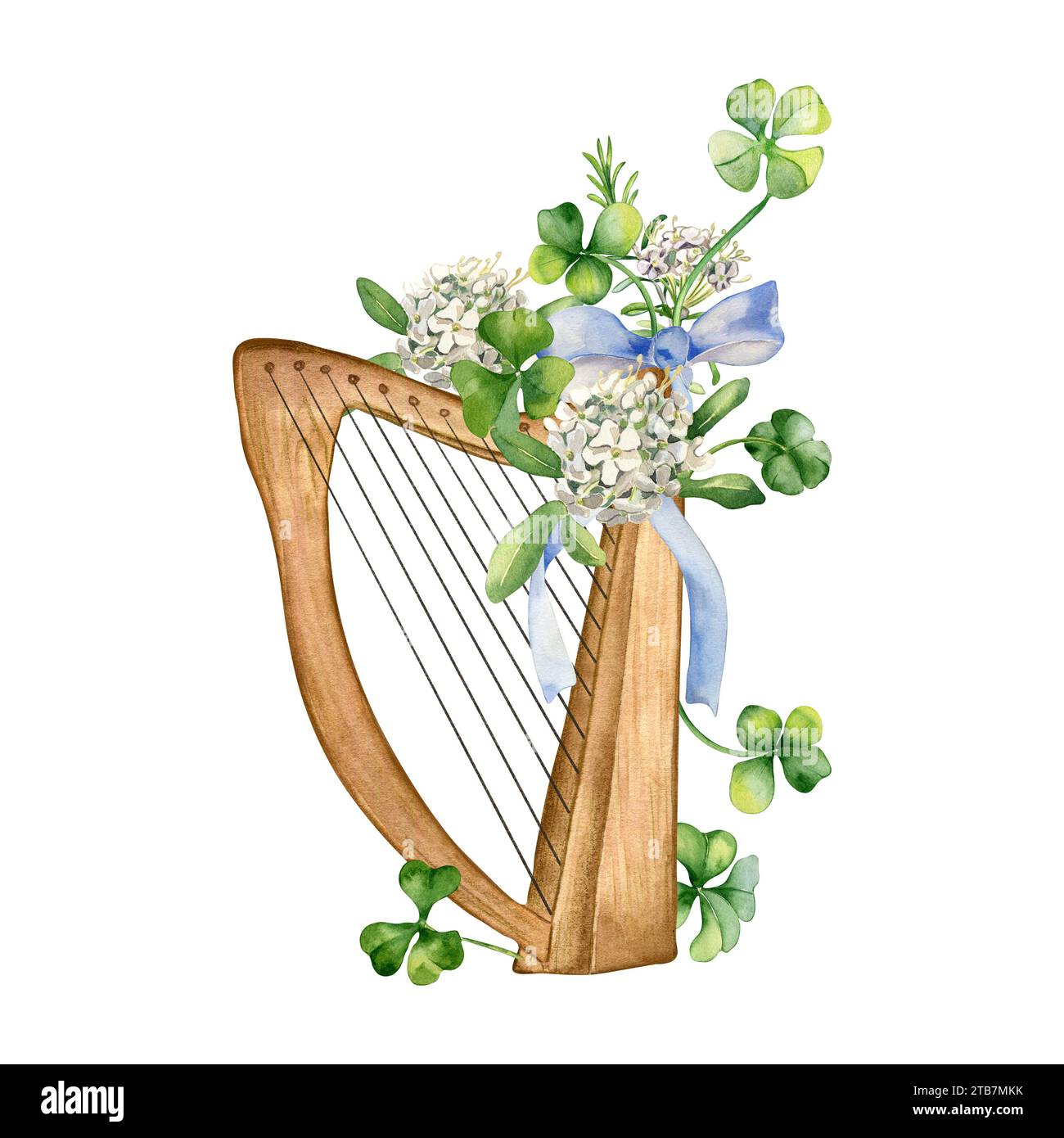 Harp and spring flowers watercolor illustration isolated on white ...
