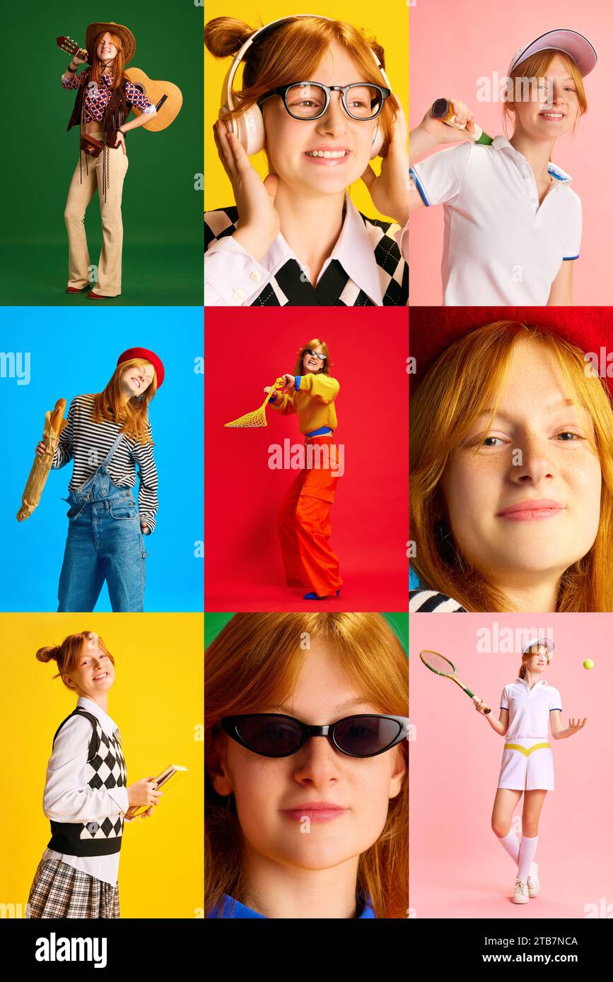 Vertical collage made of images of expressive young woman in different ...