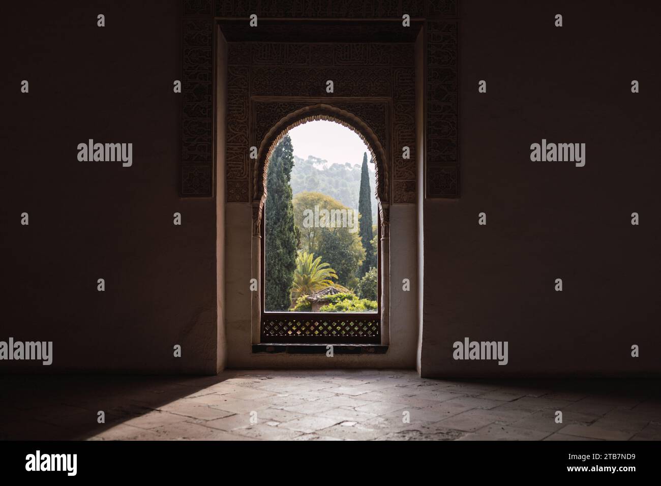 Lush trees and plants growing in garden seen through arched window in ...