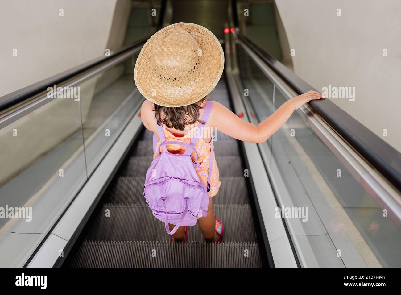 High angle full body of anonymous girl wearing straw hat and lilac ...