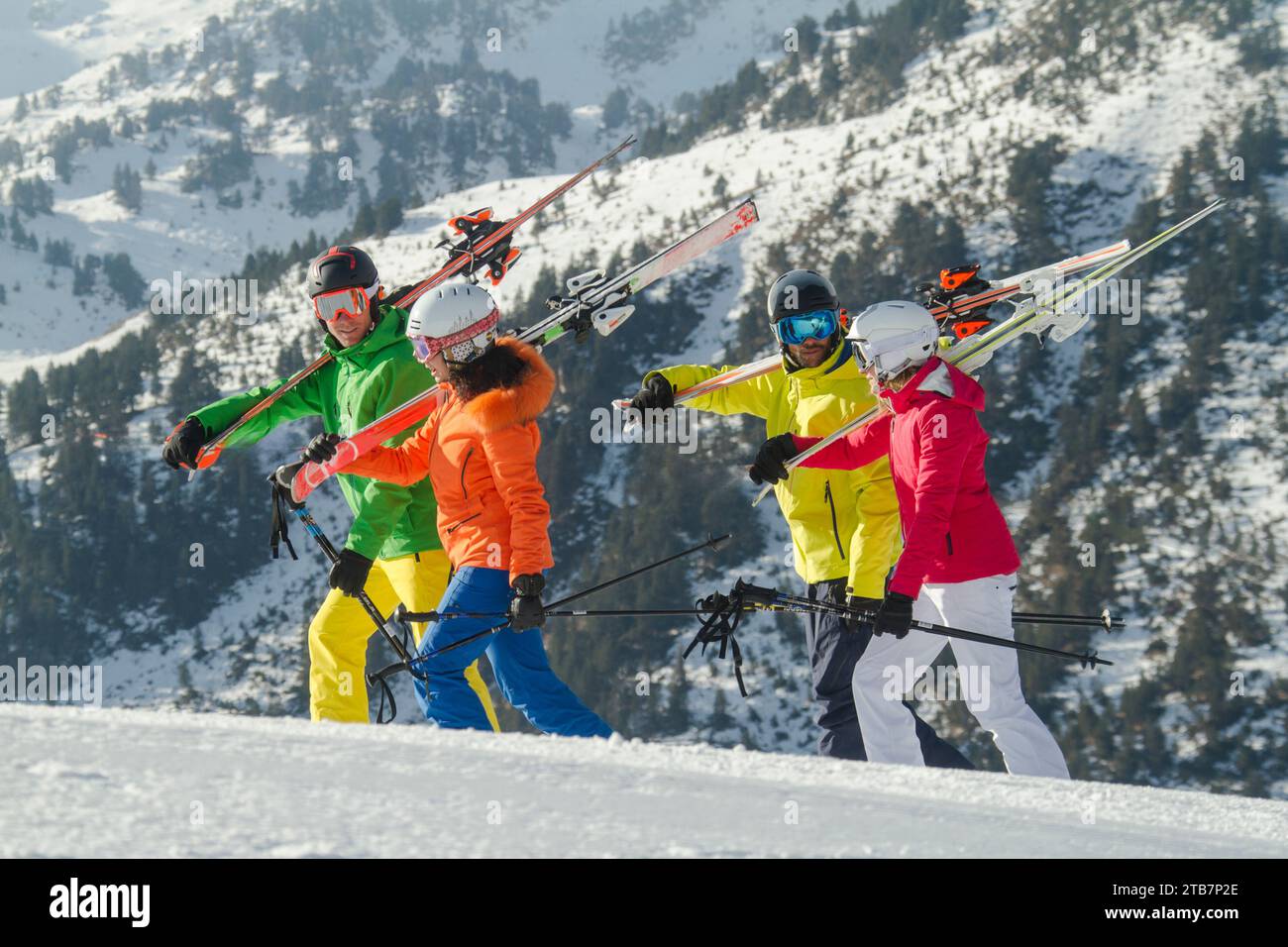 Group of skiers in colorful gear carrying their equipment in the Swiss ...