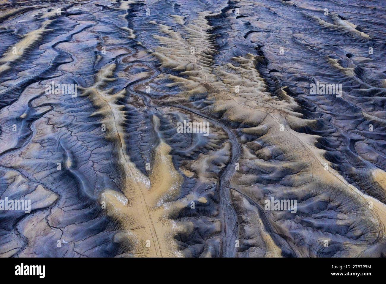 Aerial view of intricate river patterns with sediment in the water ...