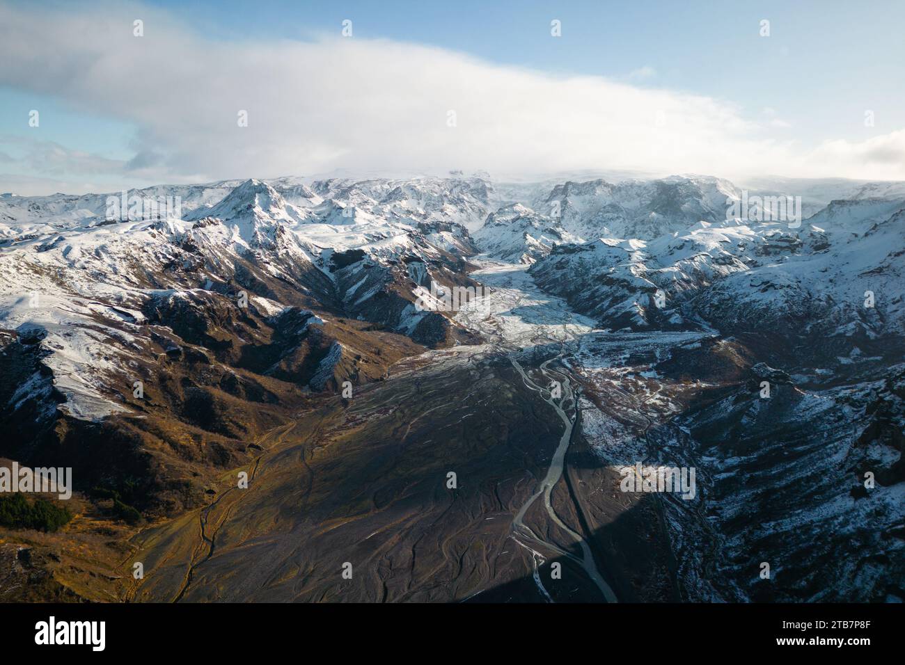Expansive aerial view of snow capped mountains with a road winding ...