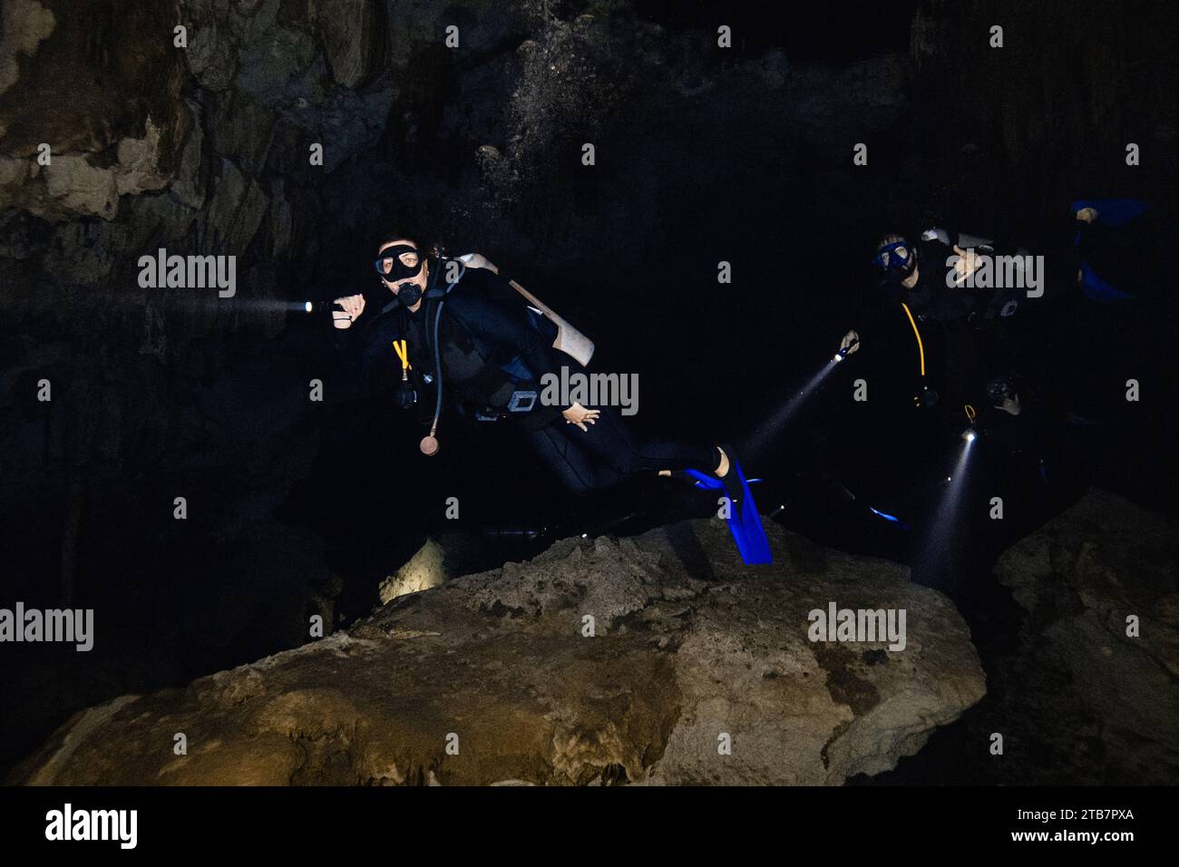 Side view of group of anonymous scuba divers with fins, scuba gears and ...