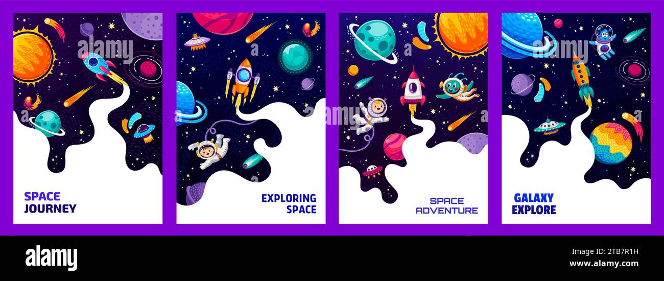 Space posters and flyers, cartoon astronauts, aliens, galaxy landscape ...