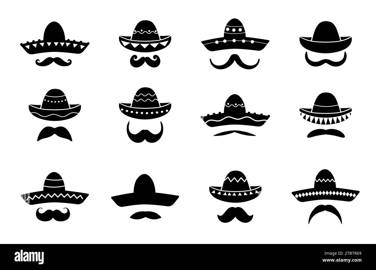 Mexican mariachi sombrero hat icons and mustaches. Hispanic culture ...