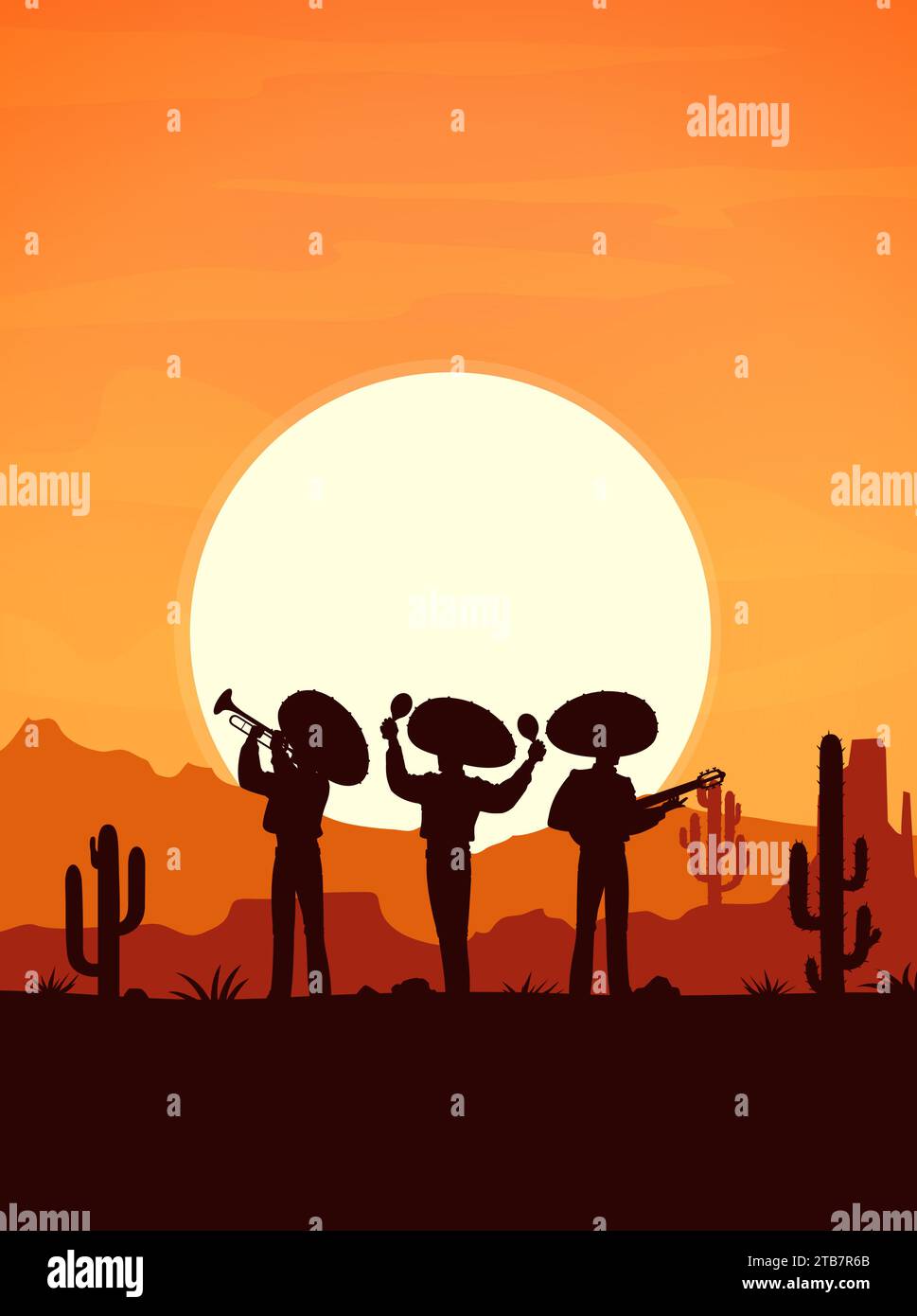 Desert sunset landscape with Mexican mariachi musicians silhouettes ...